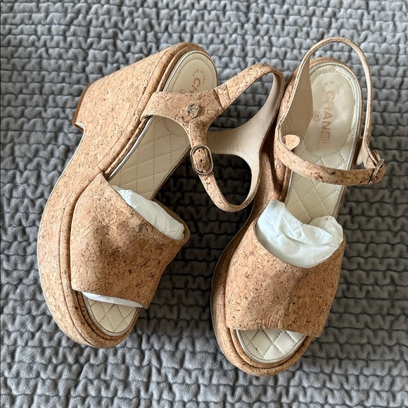 CHANEL | Shoes | Chanel Authentic Tan Cork Platform Sandals Size 7 ...
